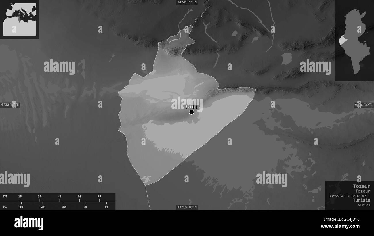 Tozeur, governorate of Tunisia. Grayscaled map with lakes and rivers ...