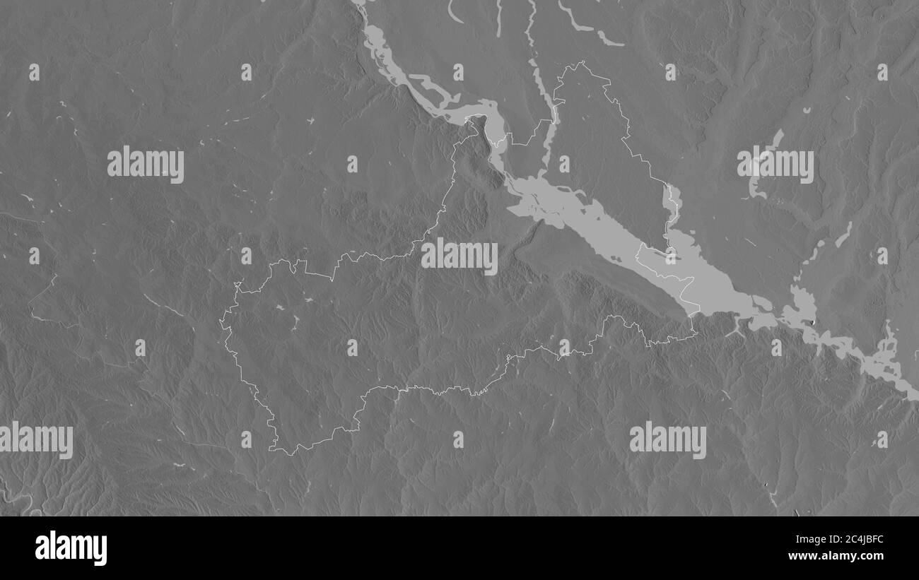 Cherkasy, region of Ukraine. Grayscaled map with lakes and rivers ...