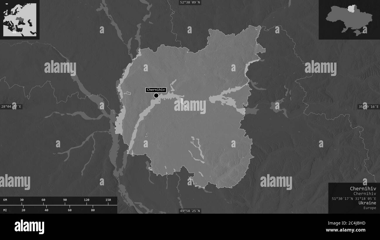 Chernihiv, region of Ukraine. Grayscaled map with lakes and rivers ...
