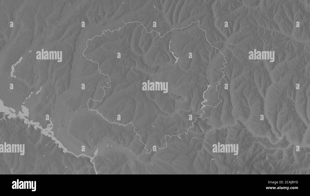 Kharkiv, region of Ukraine. Grayscaled map with lakes and rivers. Shape ...