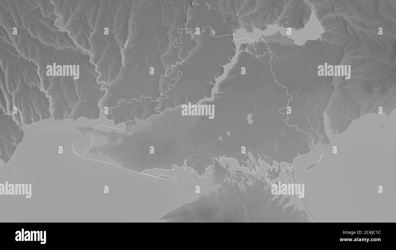 Kherson, region of Ukraine. Grayscaled map with lakes and rivers. Shape ...