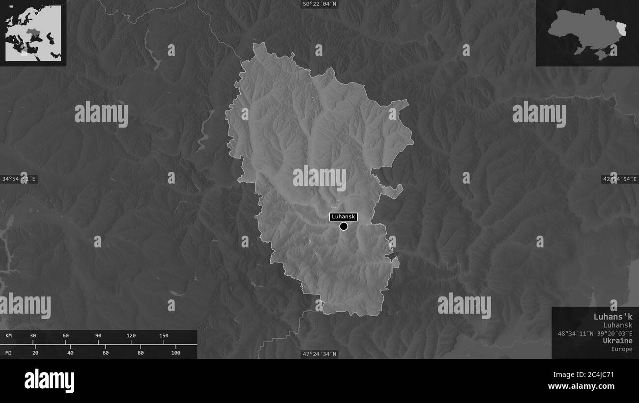 Luhans'k, region of Ukraine. Grayscaled map with lakes and rivers ...