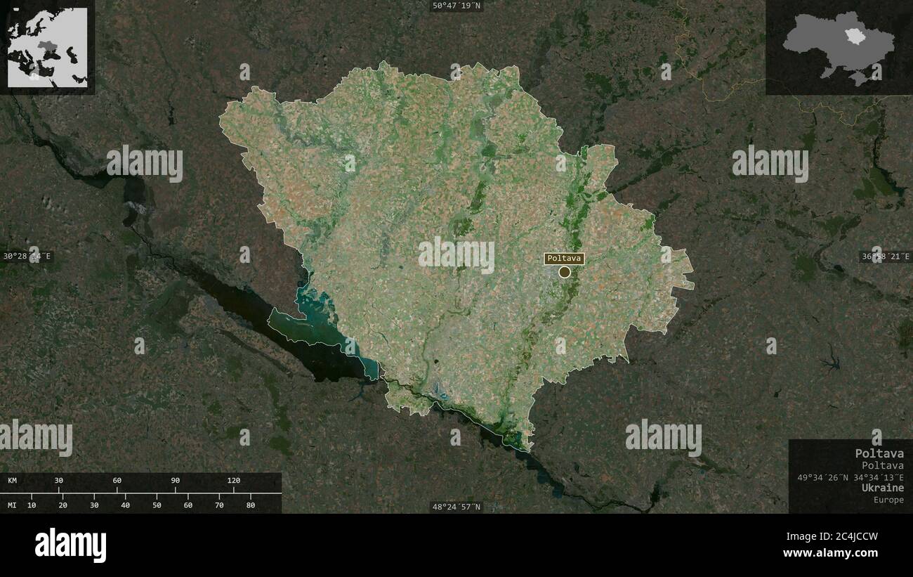 Poltava, region of Ukraine. Satellite imagery. Shape presented against ...