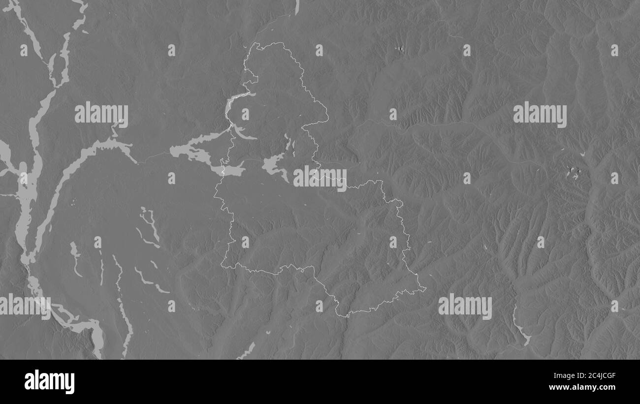 Sumy, region of Ukraine. Grayscaled map with lakes and rivers. Shape ...