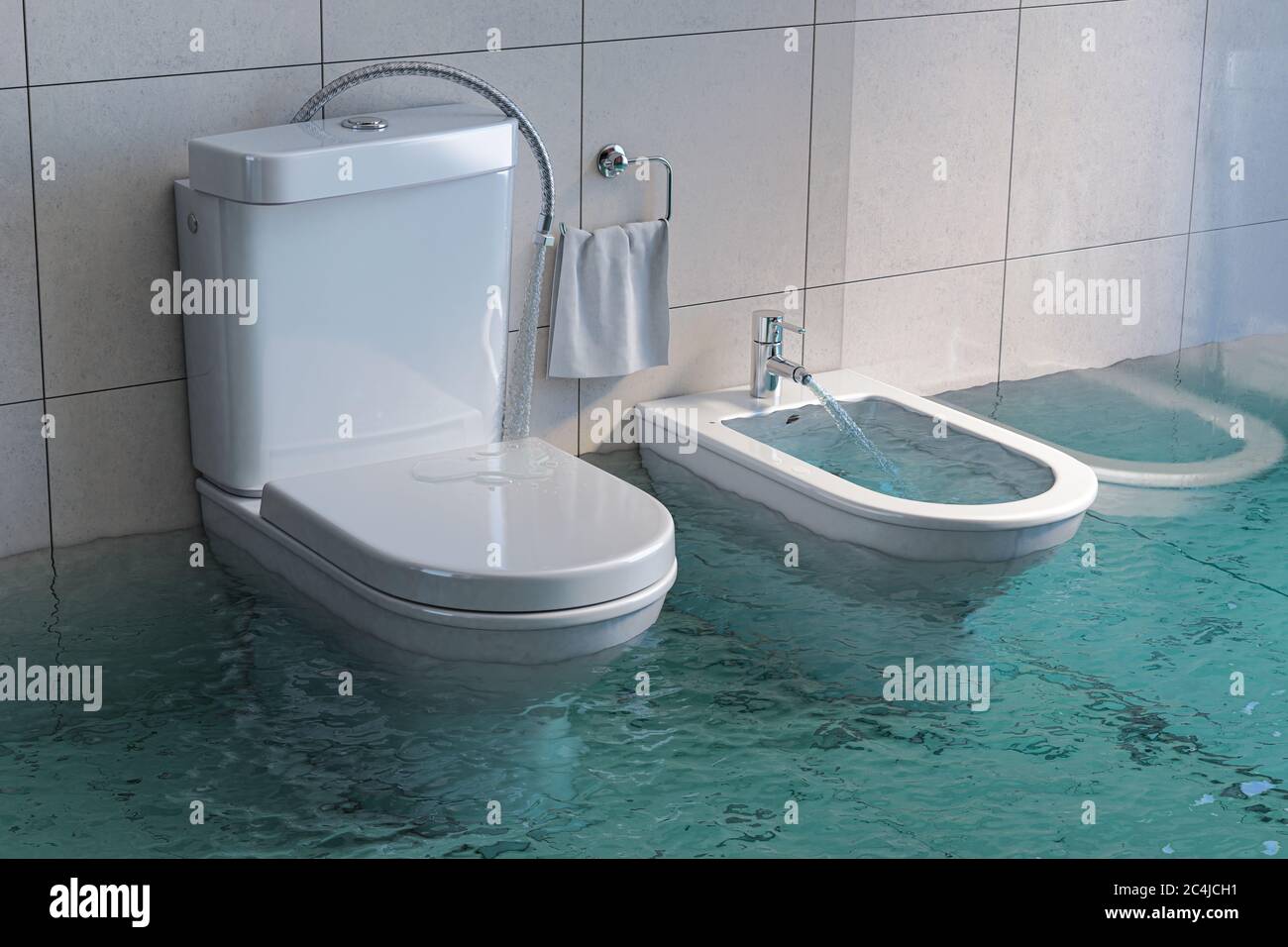 Broken toilet and bidet overflowing. 3d illustration Stock Photo - Alamy