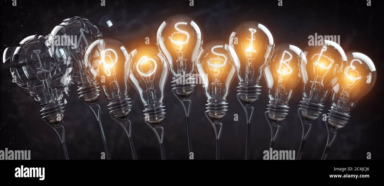 Possible impossible concept. Light bulbs in row with glowing text ...