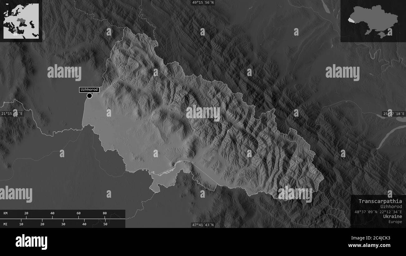 Transcarpathia, region of Ukraine. Grayscaled map with lakes and rivers ...