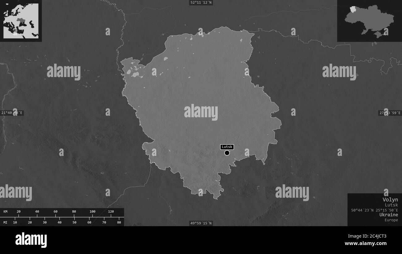 Volyn, region of Ukraine. Grayscaled map with lakes and rivers. Shape ...