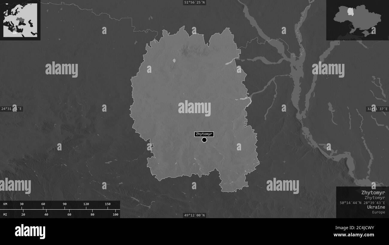 Zhytomyr, region of Ukraine. Grayscaled map with lakes and rivers ...