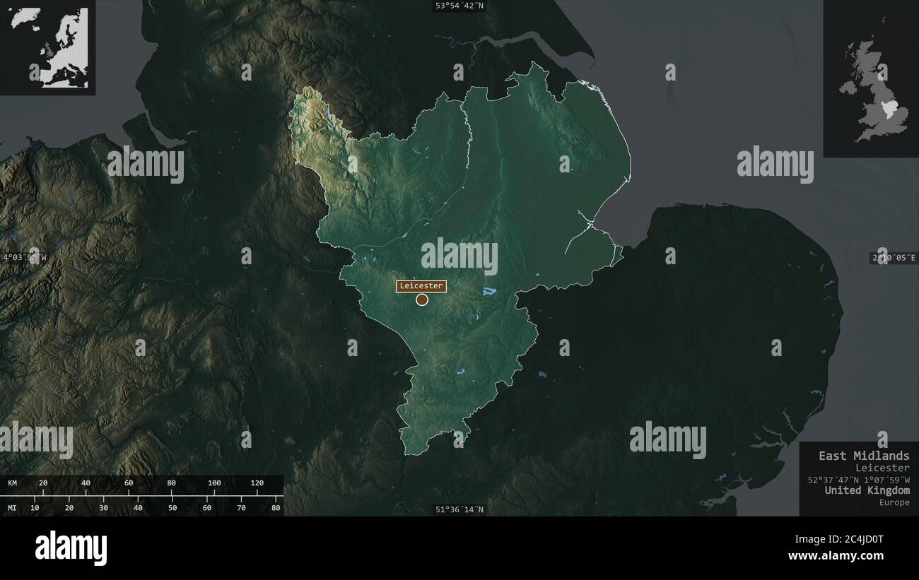 East Midlands, region of United Kingdom. Colored relief with lakes and ...