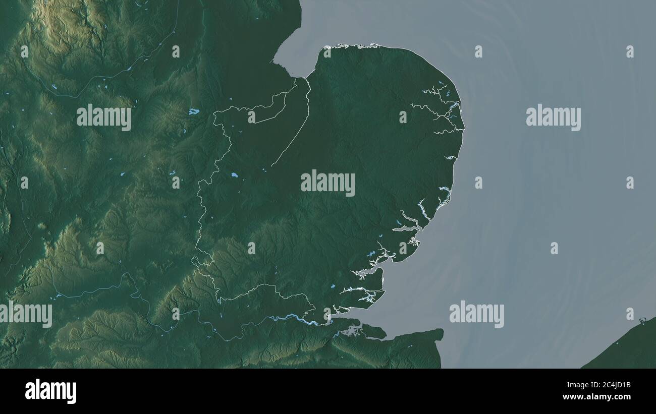 East of England, region of United Kingdom. Colored relief with lakes ...