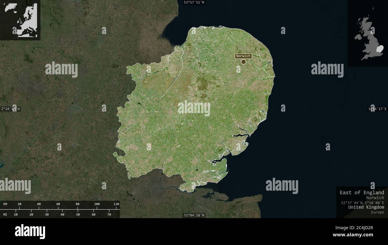 East of England, region of United Kingdom. Satellite imagery. Shape ...