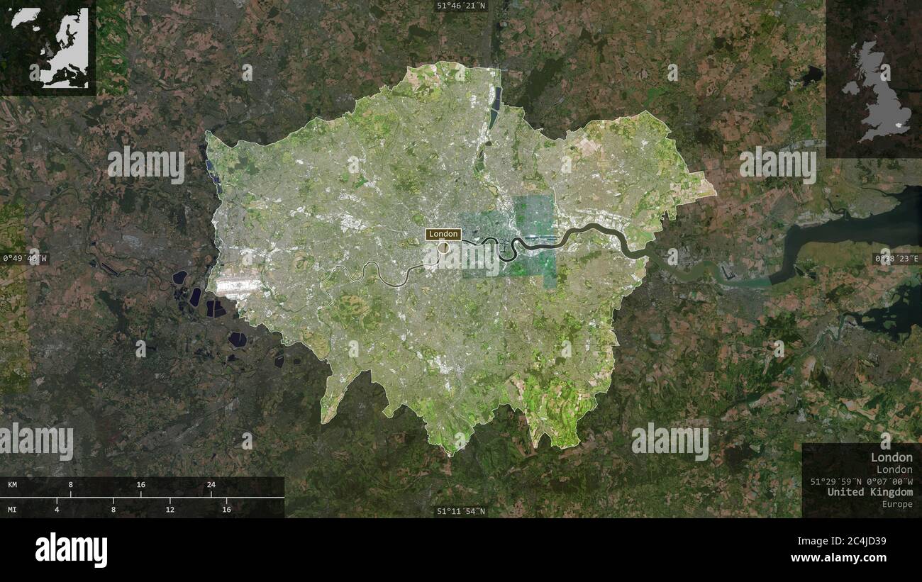London, region of United Kingdom. Satellite imagery. Shape presented ...