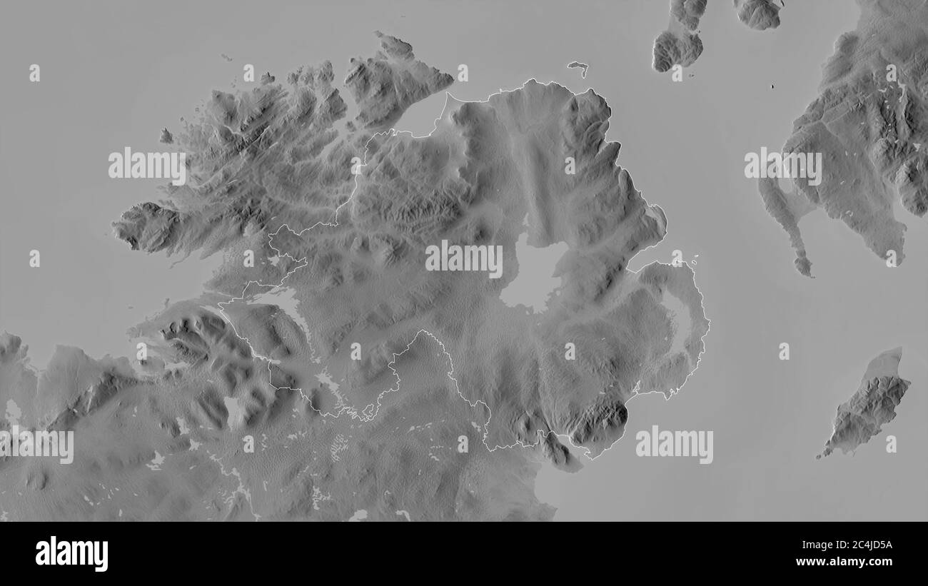 Northern Ireland, region of United Kingdom. Grayscaled map with lakes ...