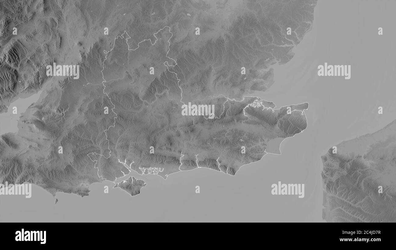 South East, region of United Kingdom. Grayscaled map with lakes and ...