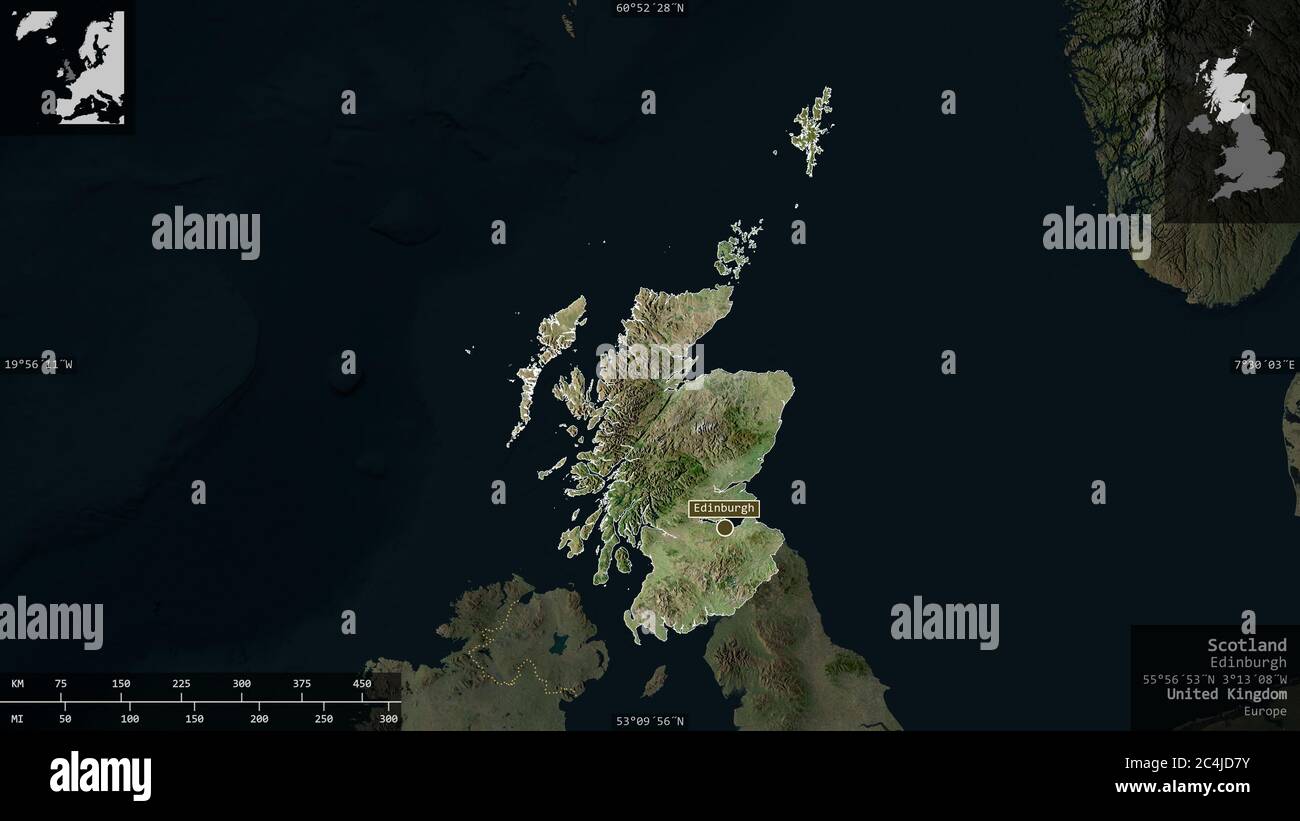 Scotland, region of United Kingdom. Satellite imagery. Shape presented ...