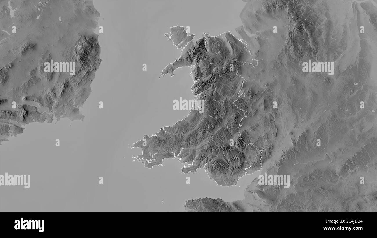 Wales, region of United Kingdom. Grayscaled map with lakes and rivers ...