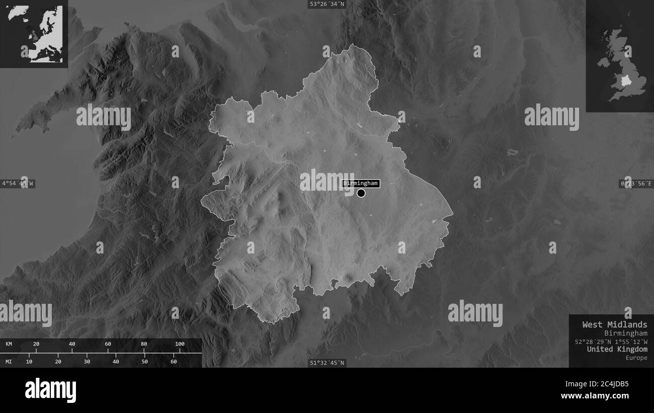 West Midlands, region of United Kingdom. Grayscaled map with lakes and ...