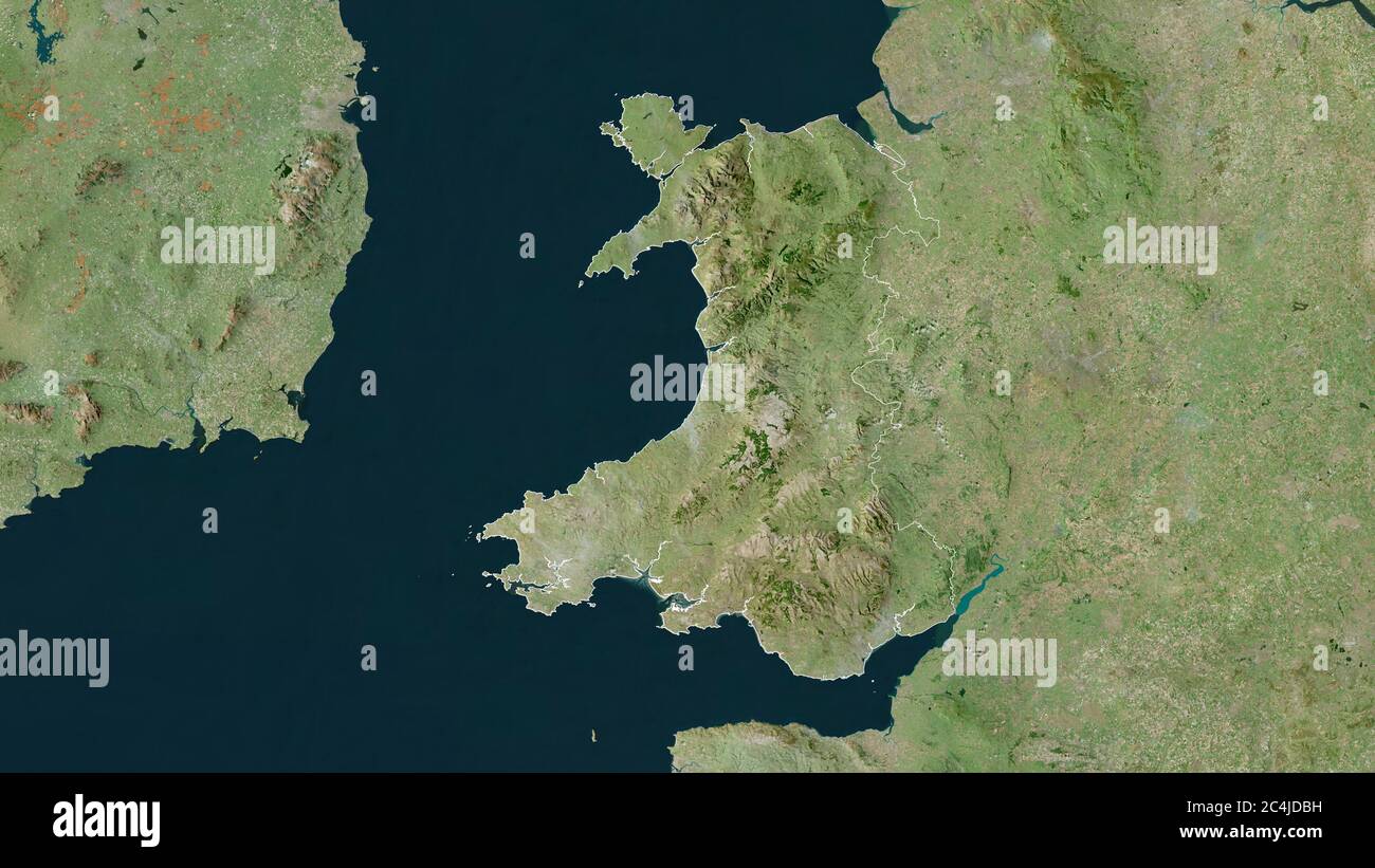 Wales, region of United Kingdom. Satellite imagery. Shape outlined ...