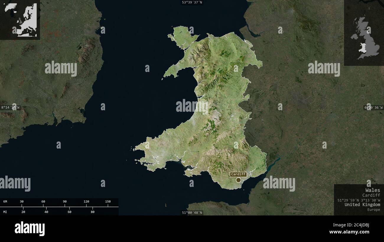 Wales, region of United Kingdom. Satellite imagery. Shape presented ...