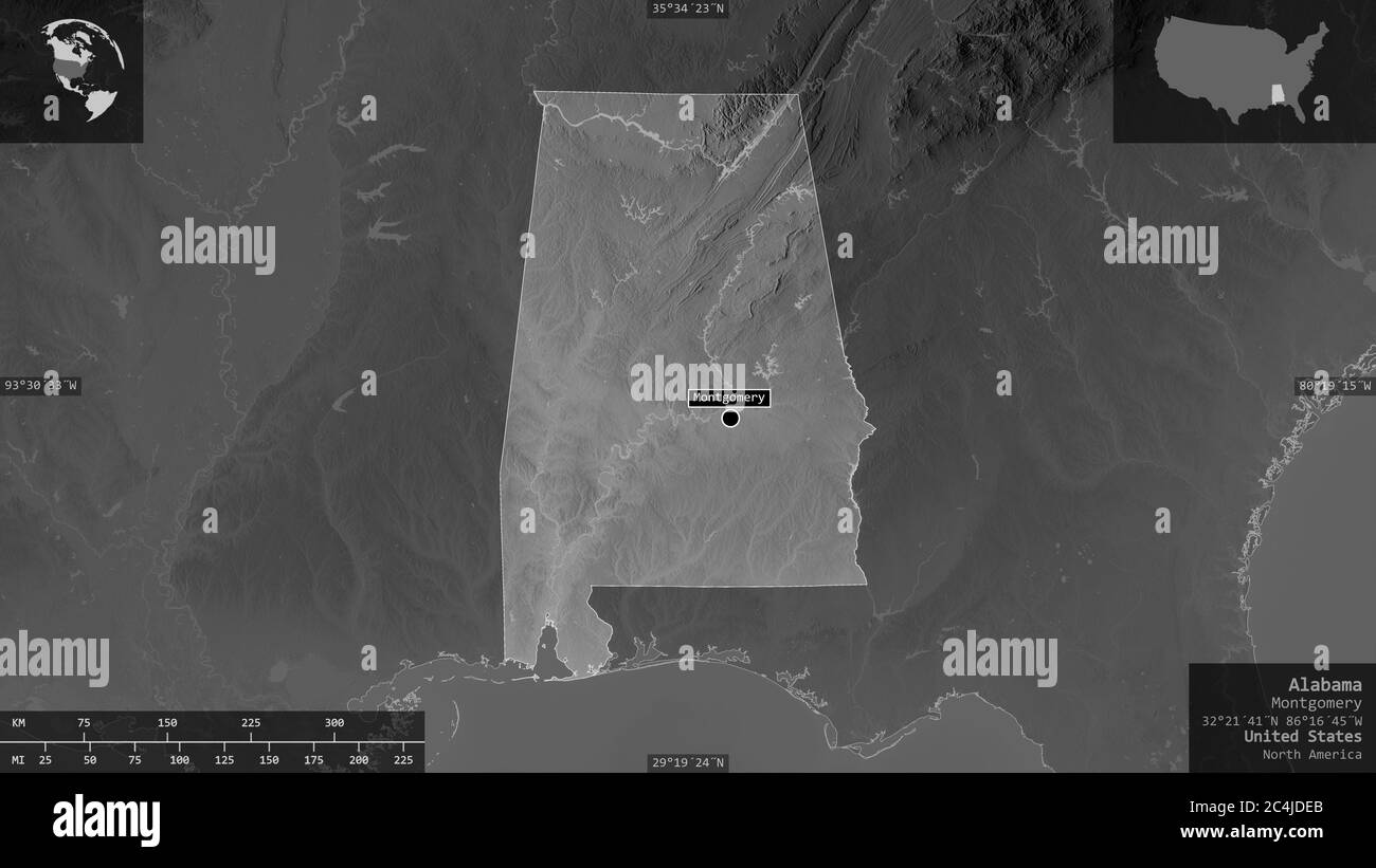 Alabama, state of United States. Grayscaled map with lakes and rivers ...