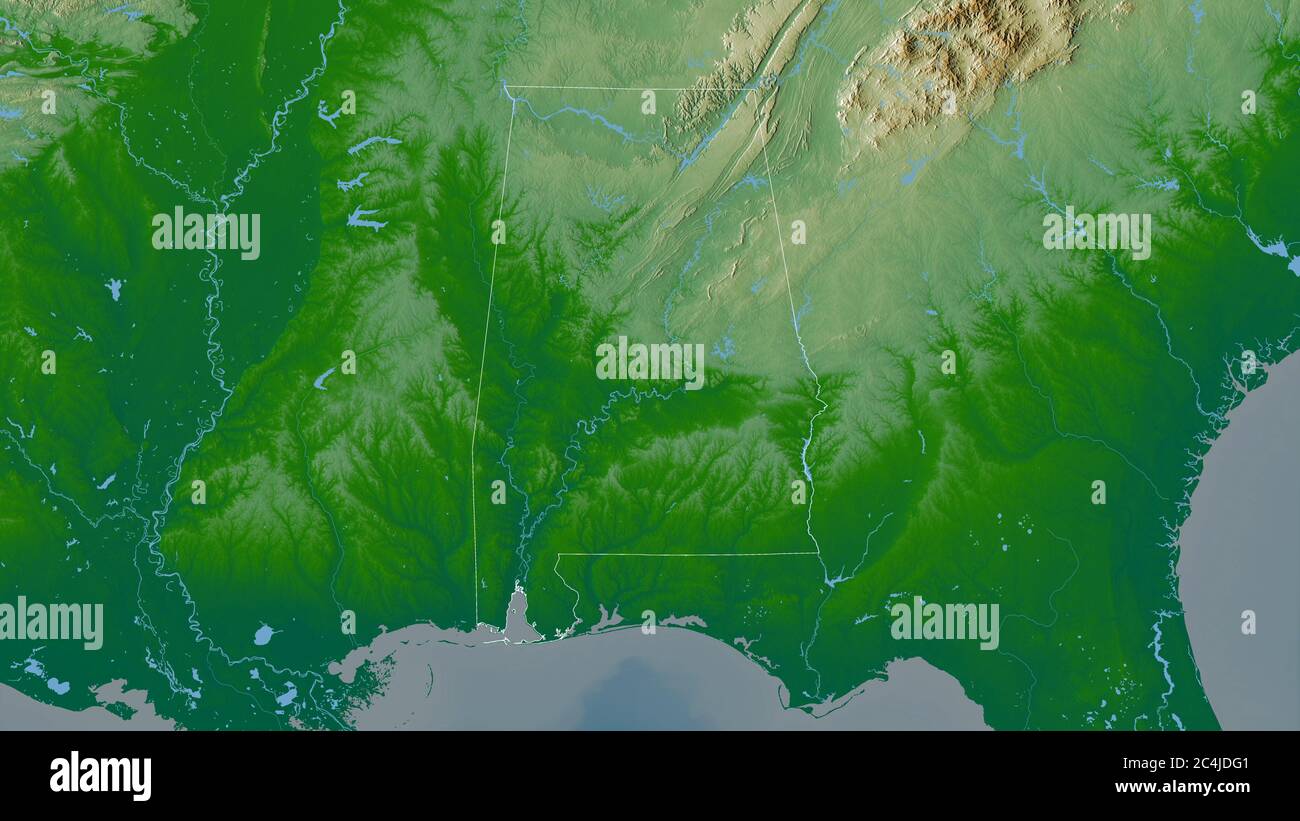 Alabama, state of United States. Colored shader data with lakes and ...
