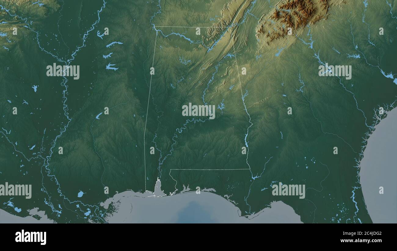 Alabama, state of United States. Colored relief with lakes and rivers ...