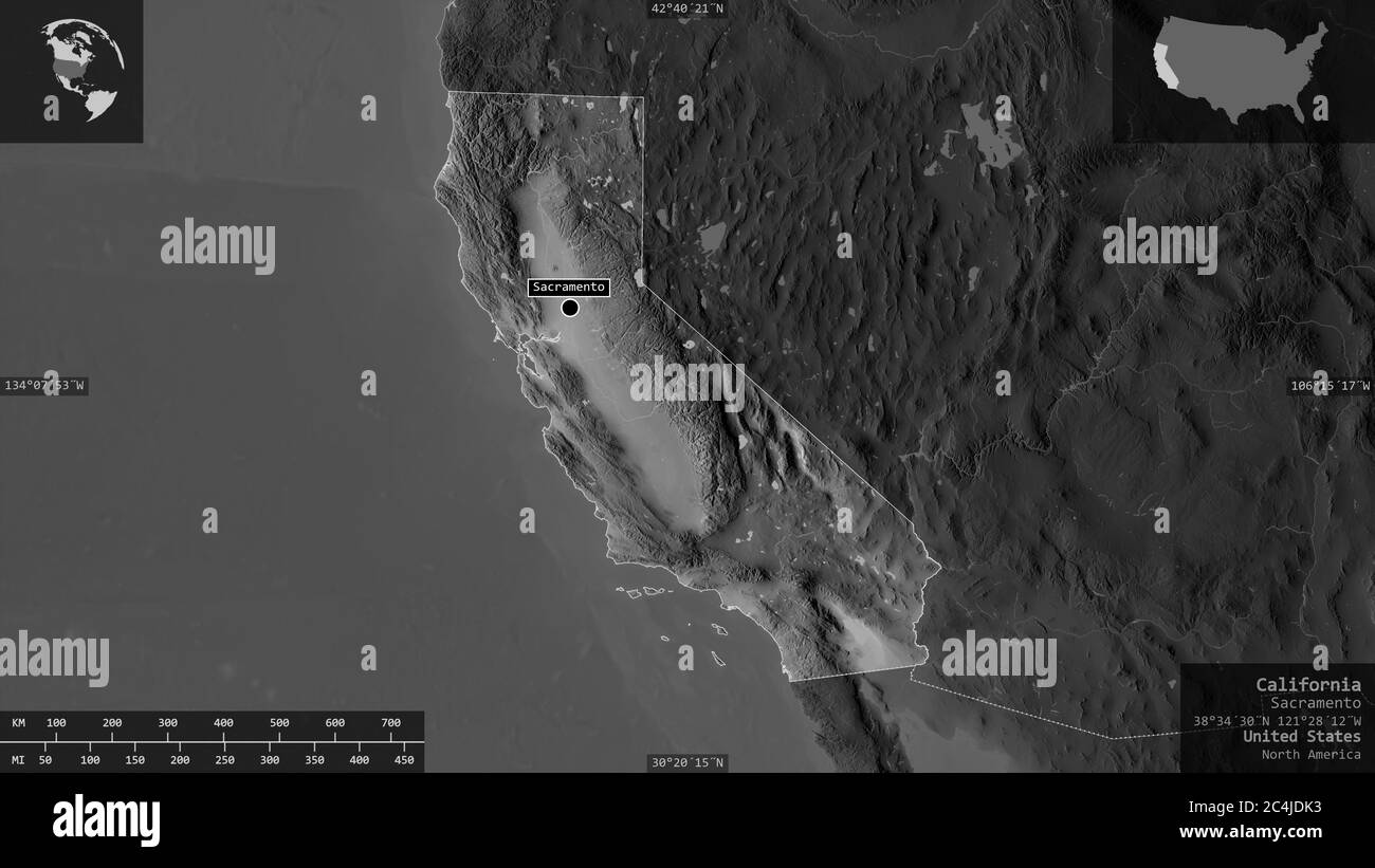 California, state of United States. Grayscaled map with lakes and ...