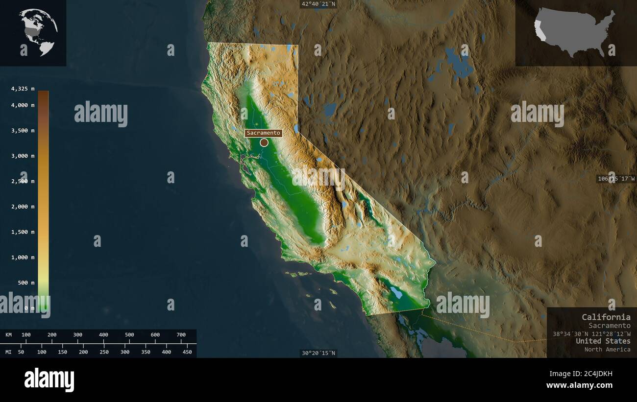 California, state of United States. Colored shader data with lakes and ...