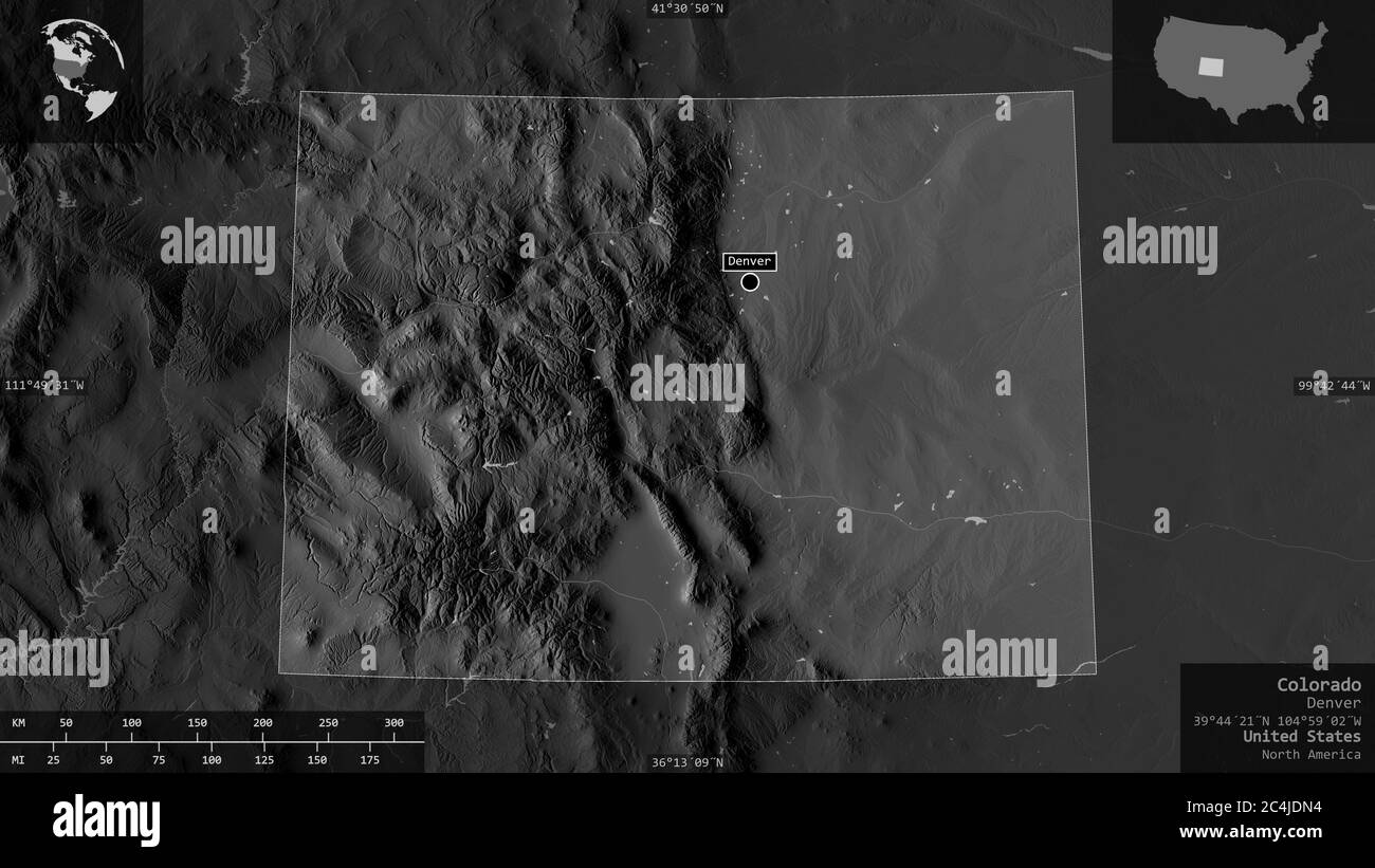 Colorado, state of United States. Grayscaled map with lakes and rivers ...