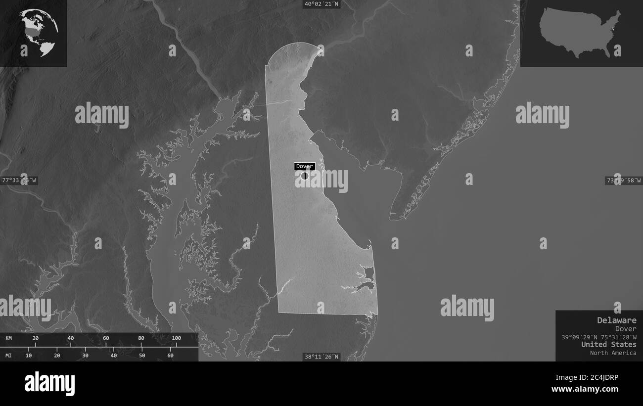 Delaware, state of United States. Grayscaled map with lakes and rivers ...