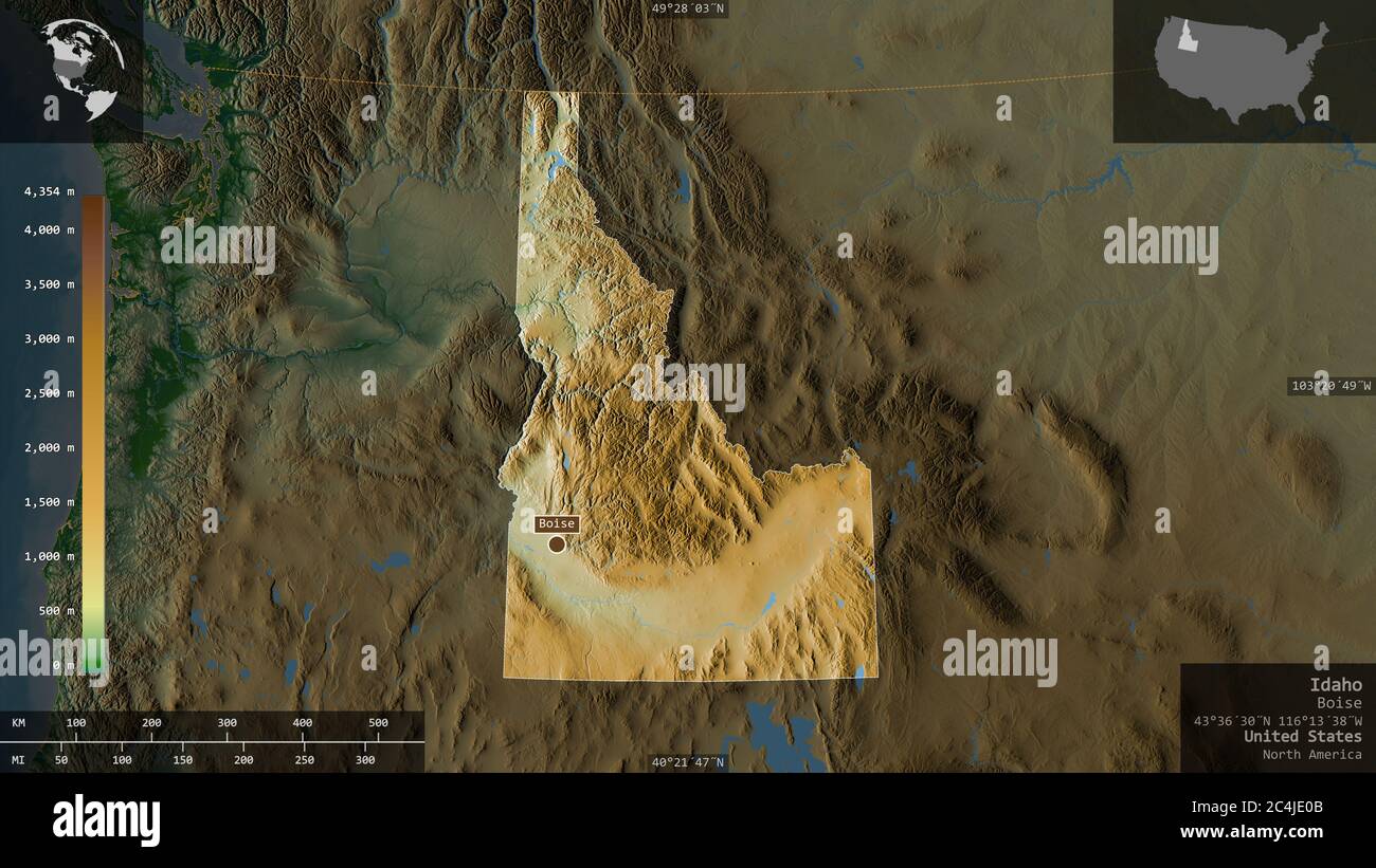 Idaho, state of United States. Colored shader data with lakes and ...
