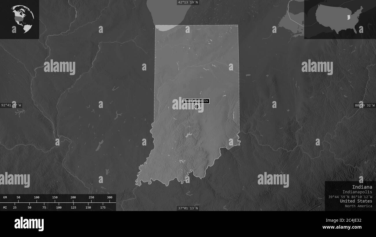 Indiana, state of United States. Grayscaled map with lakes and rivers ...