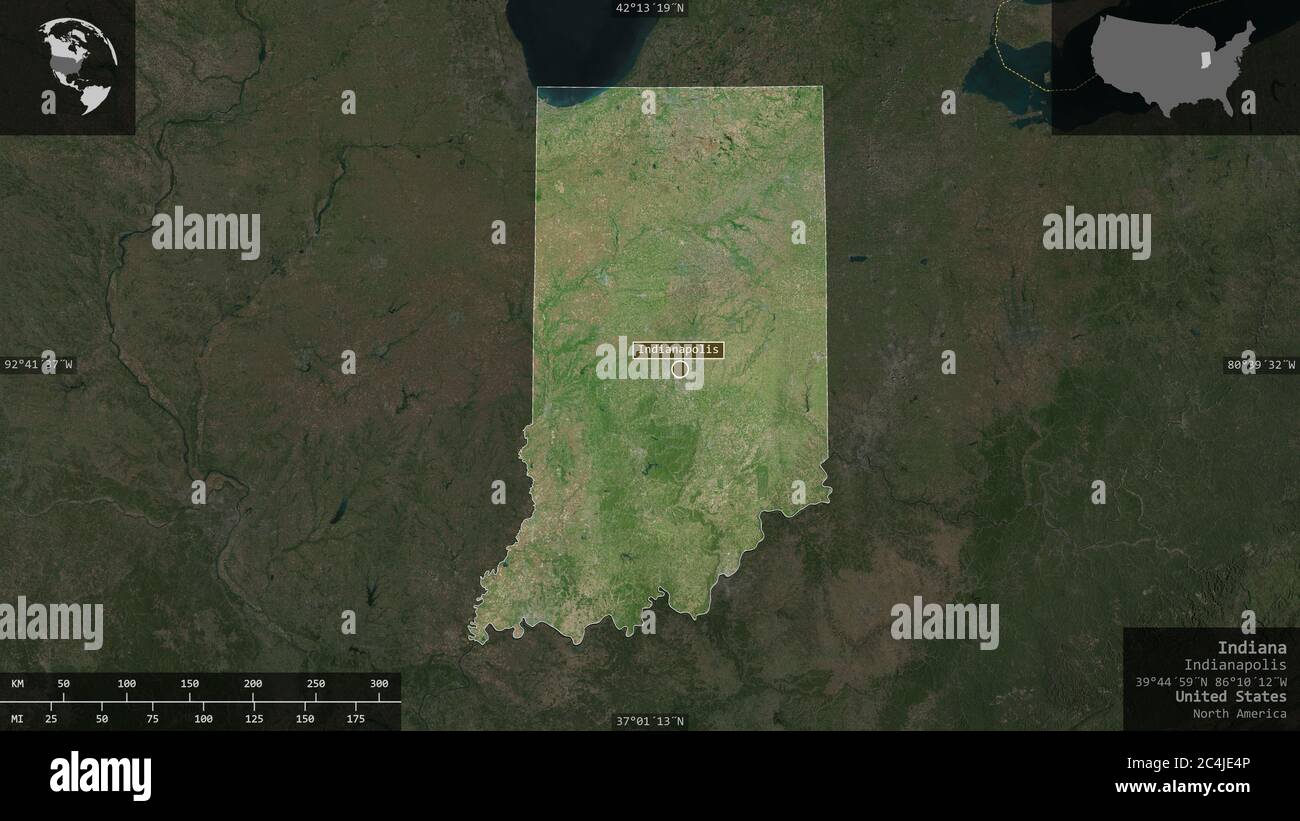 Indiana, state of United States. Satellite imagery. Shape presented ...