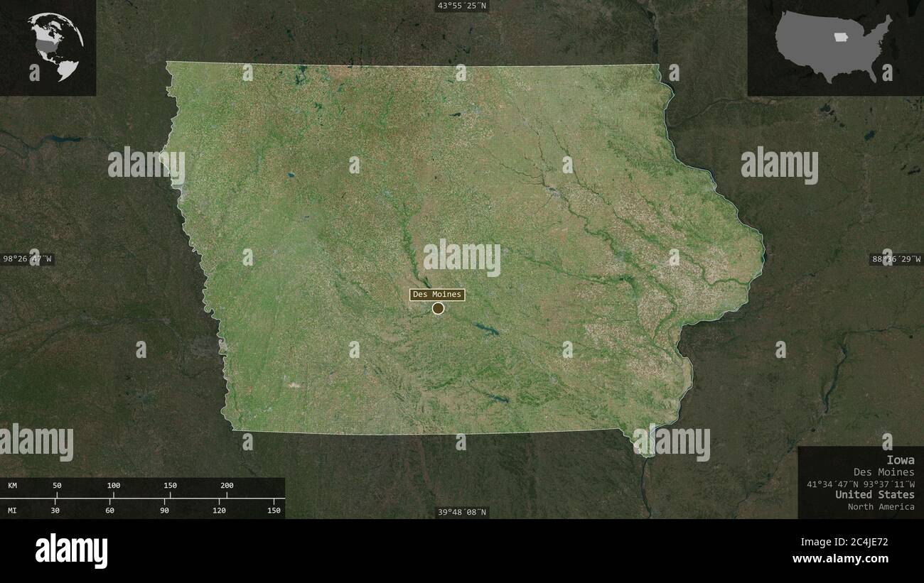 Iowa, state of United States. Satellite imagery. Shape presented ...