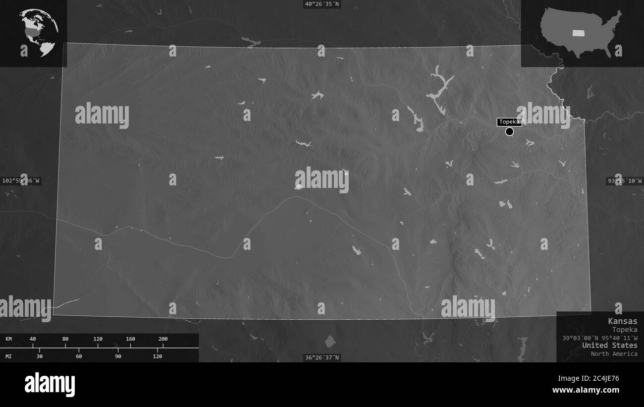 Kansas, state of United States. Grayscaled map with lakes and rivers ...