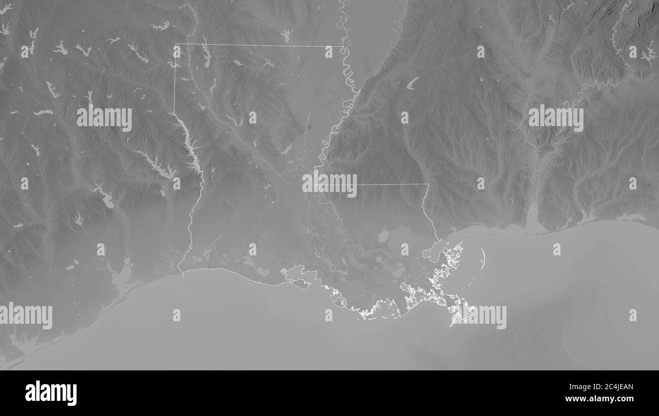 Louisiana, state of United States. Grayscaled map with lakes and rivers ...