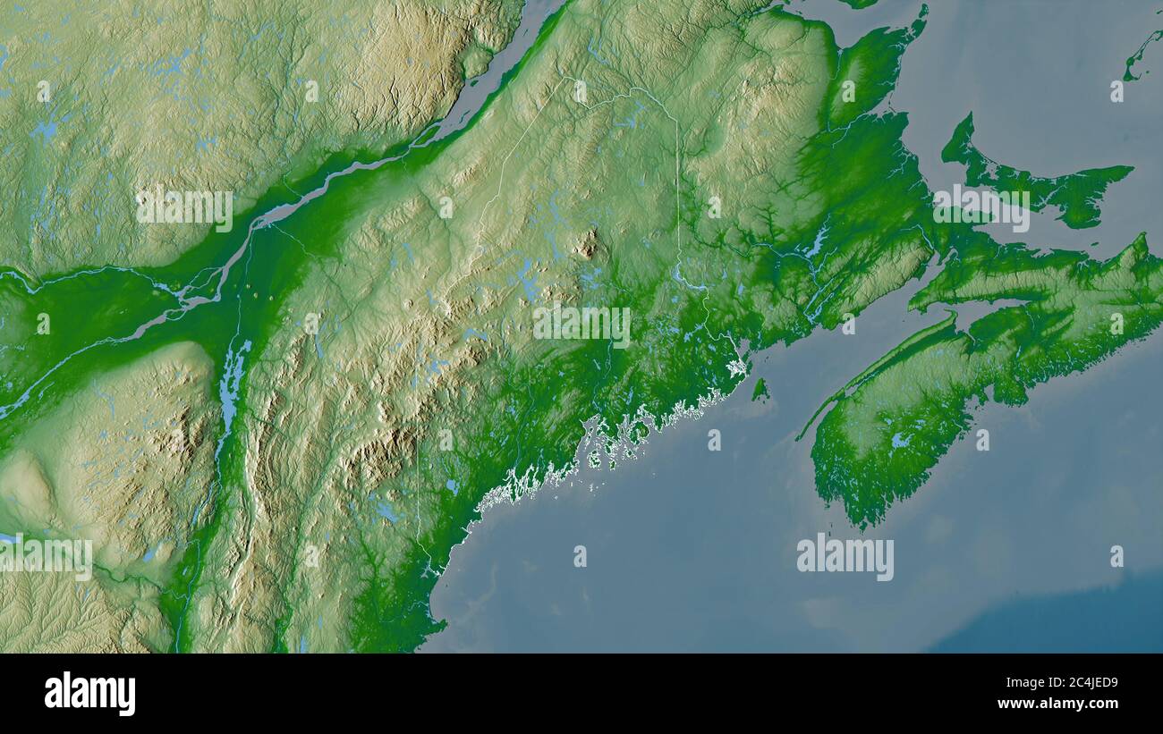 Maine, state of United States. Colored shader data with lakes and ...