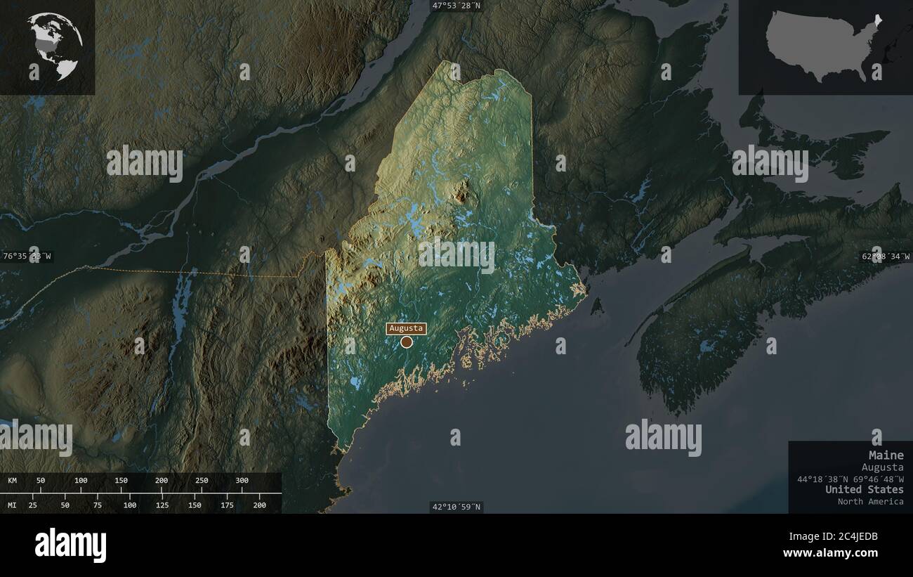 Maine, state of United States. Colored relief with lakes and rivers ...