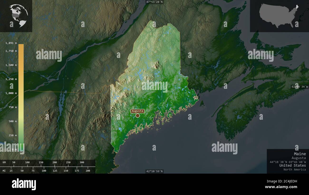 Maine, state of United States. Colored shader data with lakes and ...