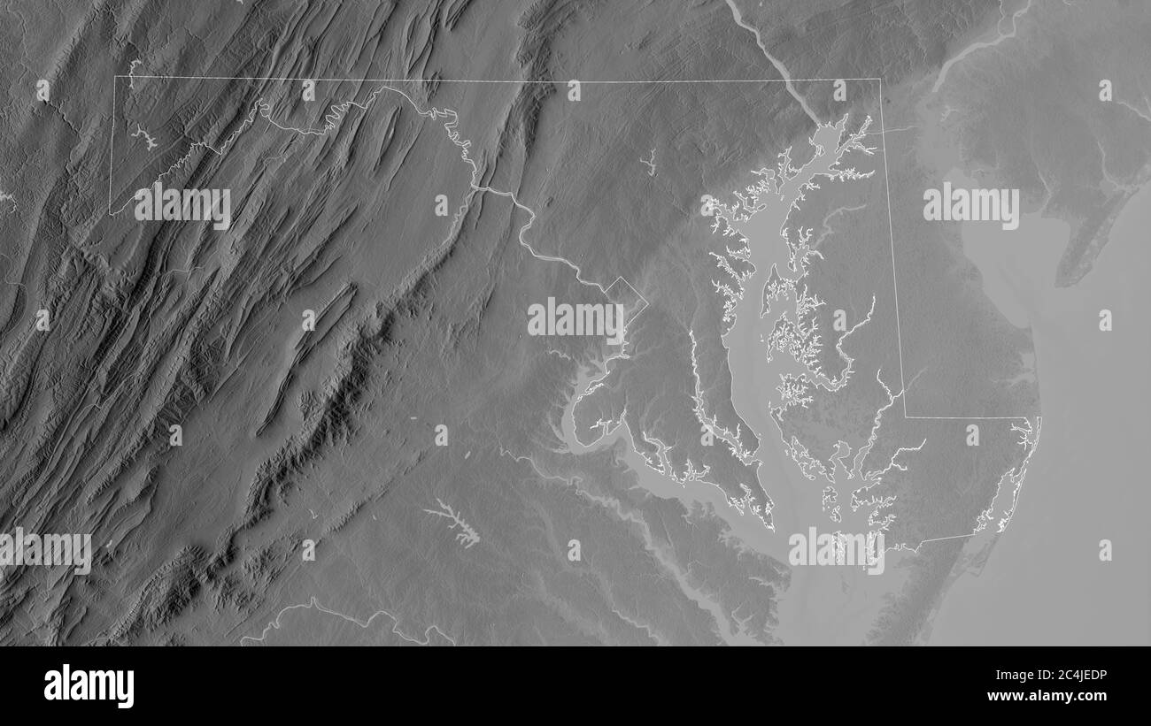 Maryland, state of United States. Grayscaled map with lakes and rivers ...