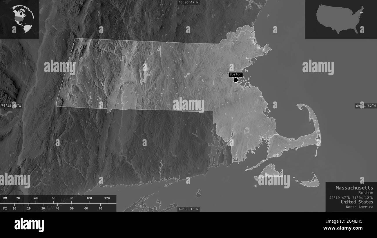 Massachusetts, state of United States. Grayscaled map with lakes and ...