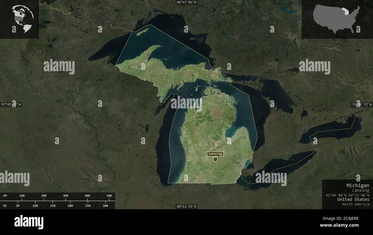 Michigan, state of United States. Satellite imagery. Shape presented ...