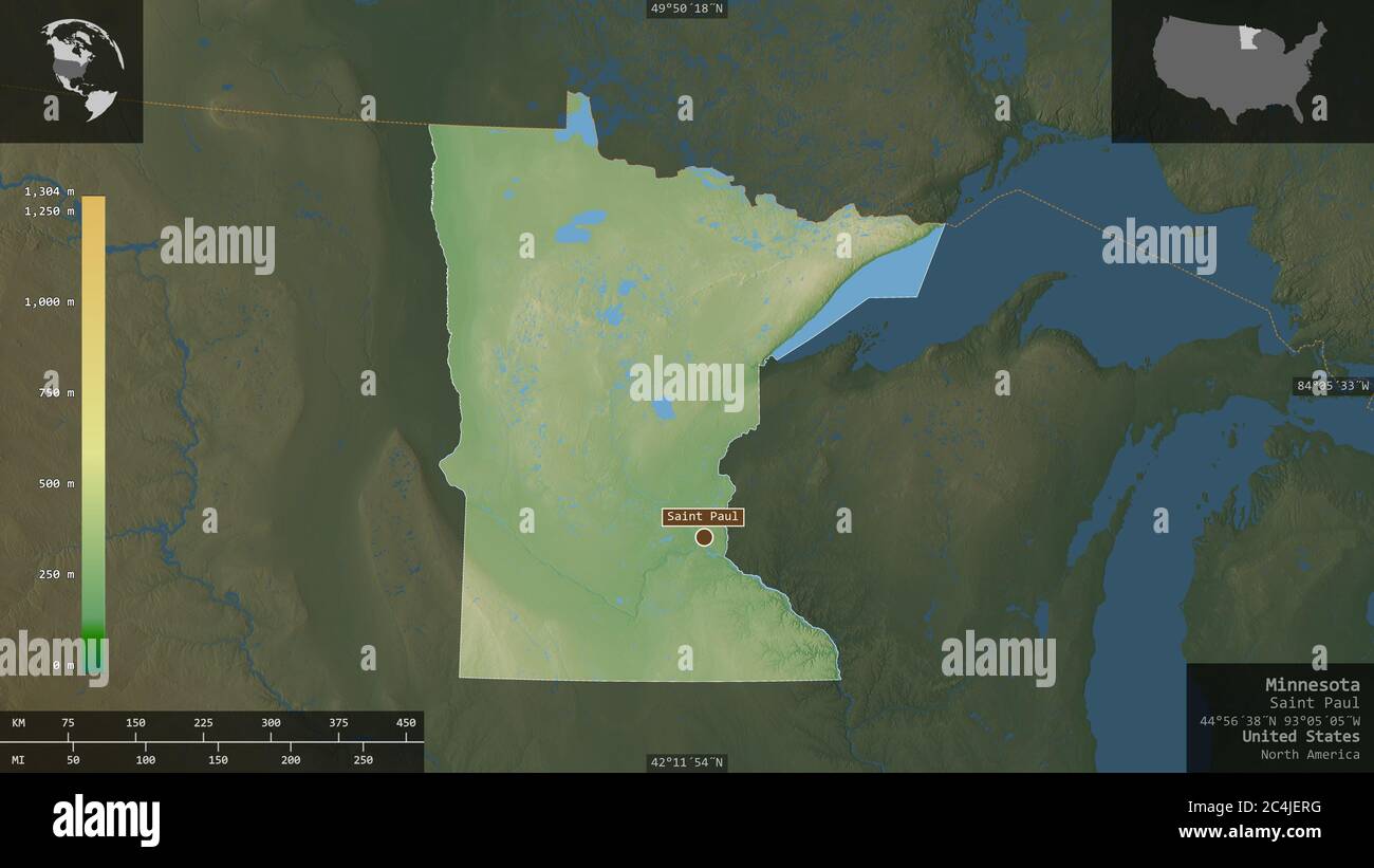 Minnesota, state of United States. Colored shader data with lakes and ...