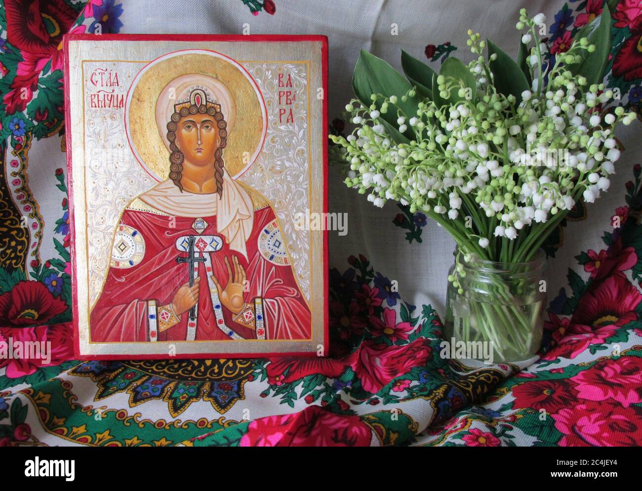 Traditional orthodox icon of St. Barbara. Handwritten icon on the ...