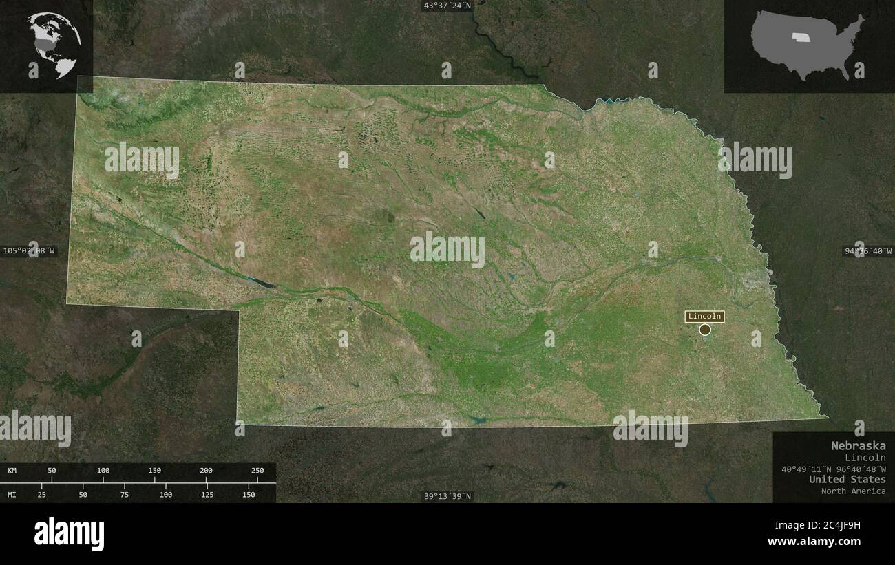 Nebraska, state of United States. Satellite imagery. Shape presented ...