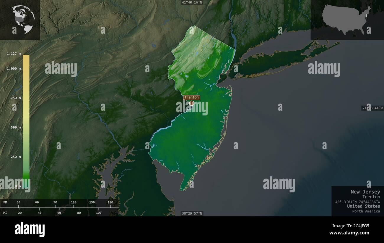 New Jersey, state of United States. Colored shader data with lakes and ...
