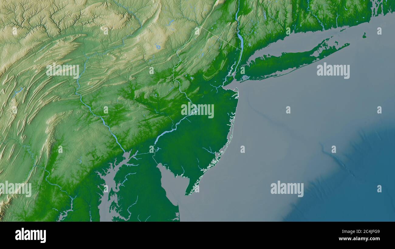 New Jersey, state of United States. Colored shader data with lakes and ...
