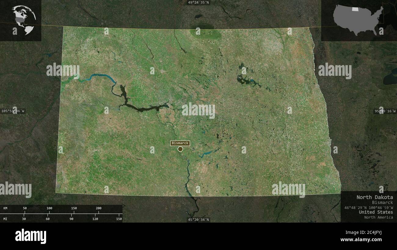 North Dakota, state of United States. Satellite imagery. Shape ...