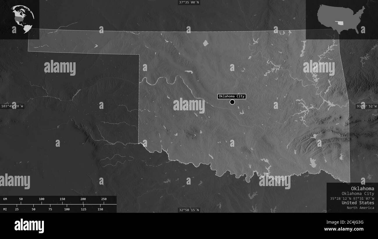 Oklahoma, state of United States. Grayscaled map with lakes and rivers ...